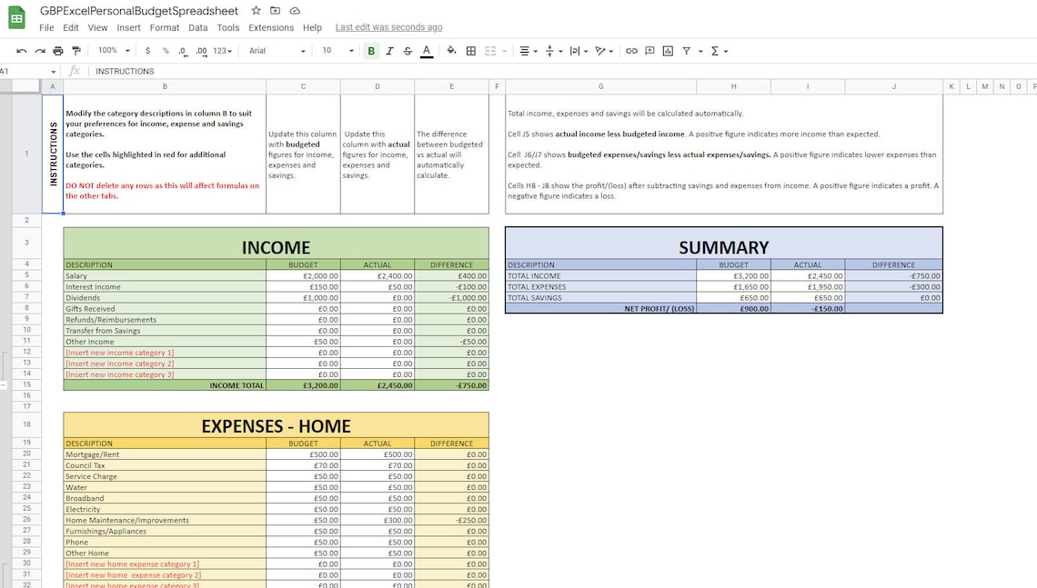 Google Sheets Personal Budget Spreadsheet / Online Budget Template ...