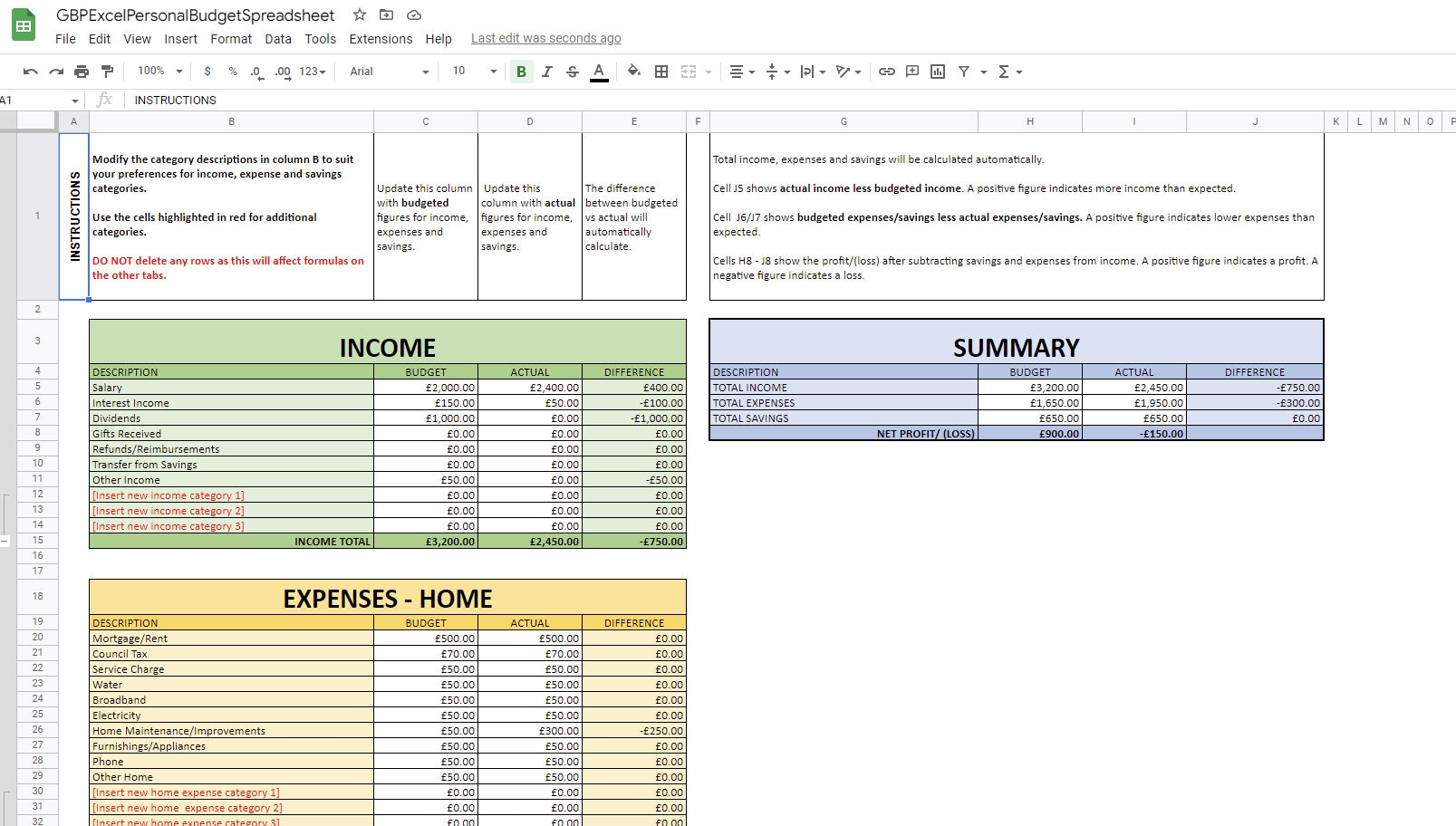 Google Sheets Personal Budget Spreadsheet / Online Budget Template ...