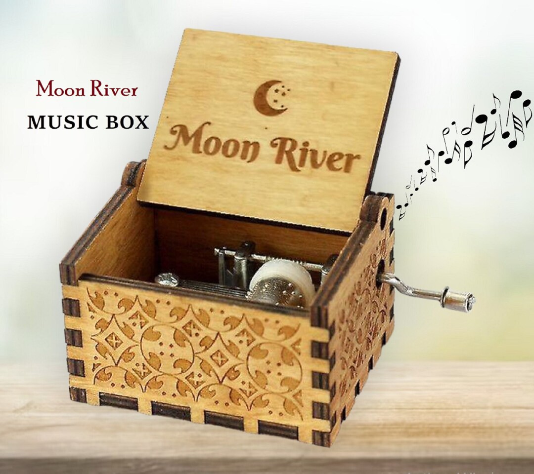 Moon River Music Box Theme Music Chest Wooden Engraved Handmade Vintage ...
