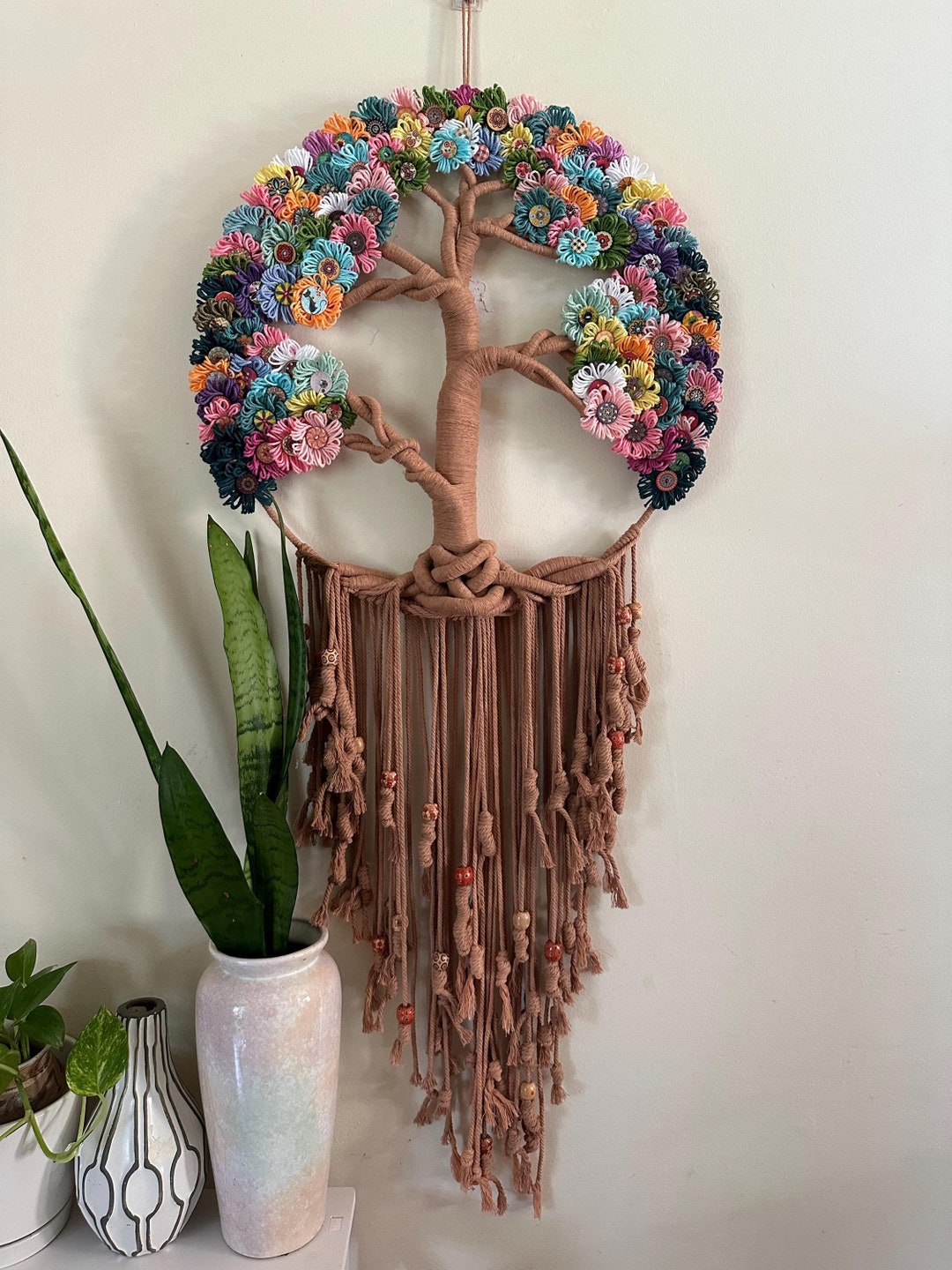 Large Tree of Life Macrame Wall Hanging With Flowers, Boho Wall Art ...