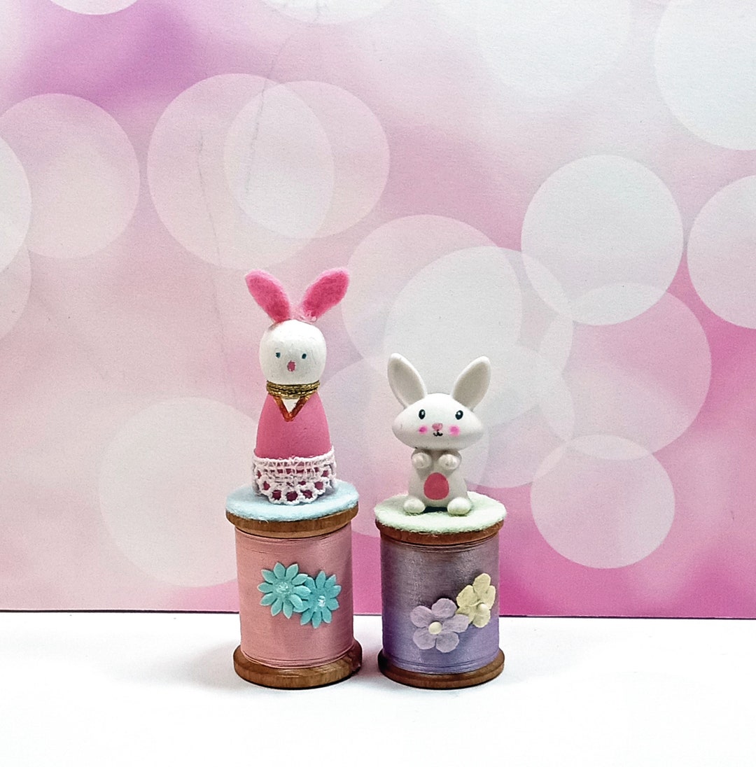 Easter! Bunny Spool Art - One of a Kind, 2 Fancy Bunnies Miniature ...