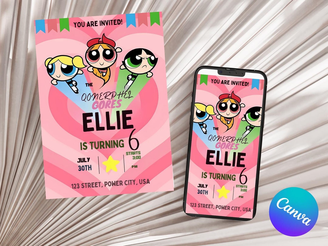 Powerpuff Girls Birthday Invitation Editable Template, Canva Birthday Invitation, Digital Girl ...
