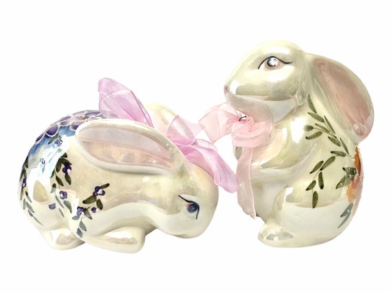 Pair of Iridescent Rabbit Figurines Handpainted Flower and | Etsy
