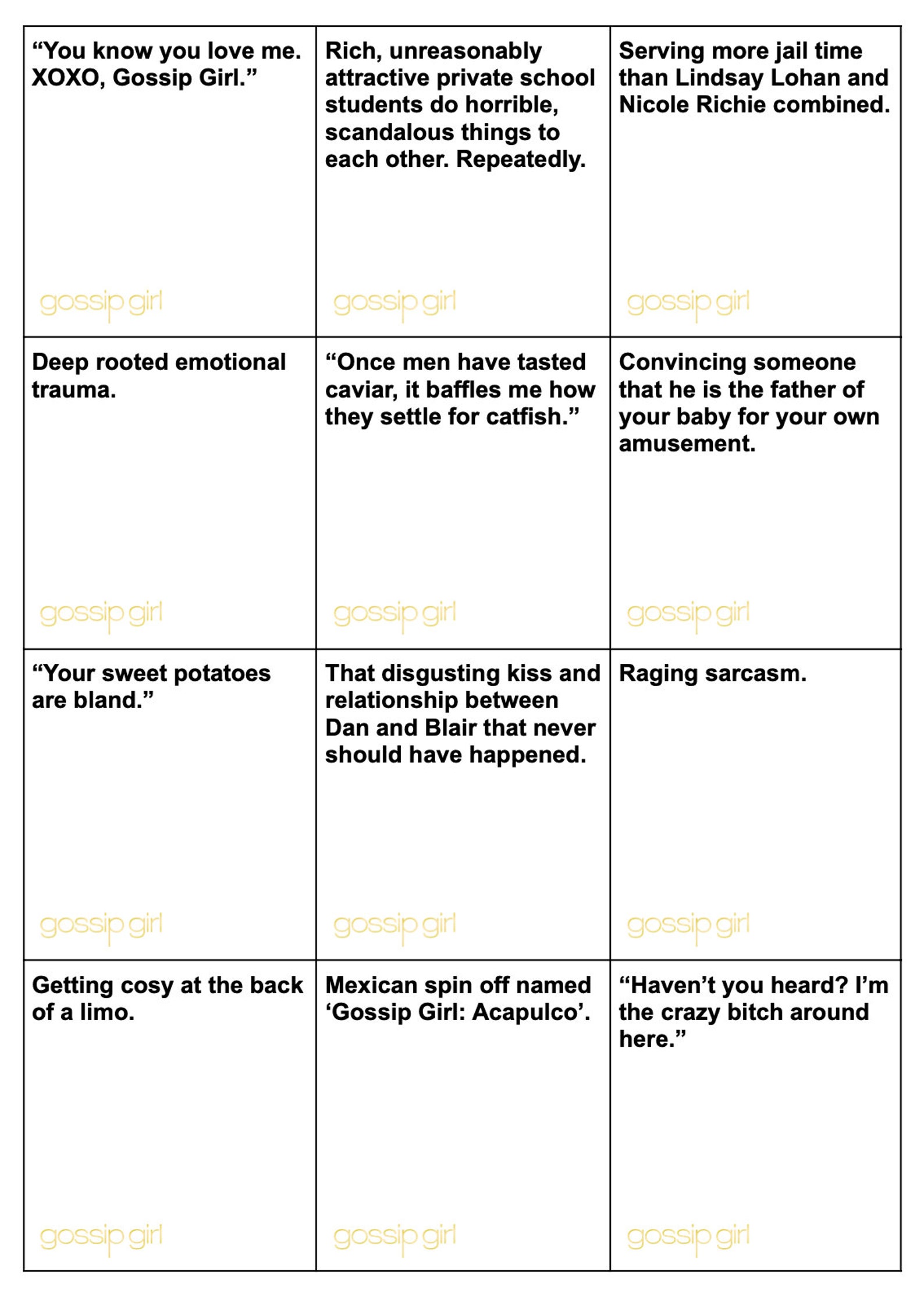 Cards Against Gossip Girl | Cards Against Humanity | Printable Games ...