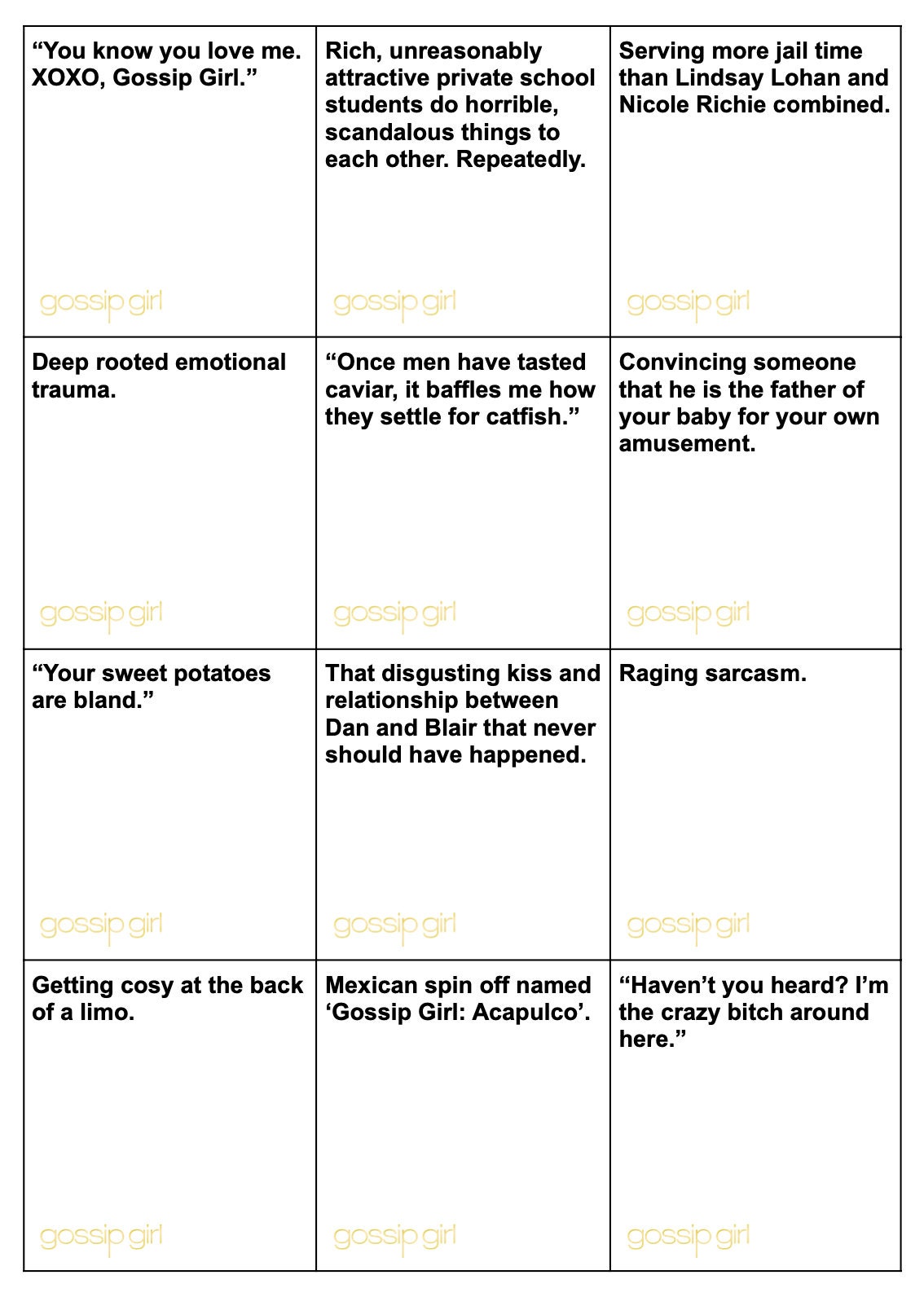 Cards Against Gossip Girl | Cards Against Humanity | Printable Games ...
