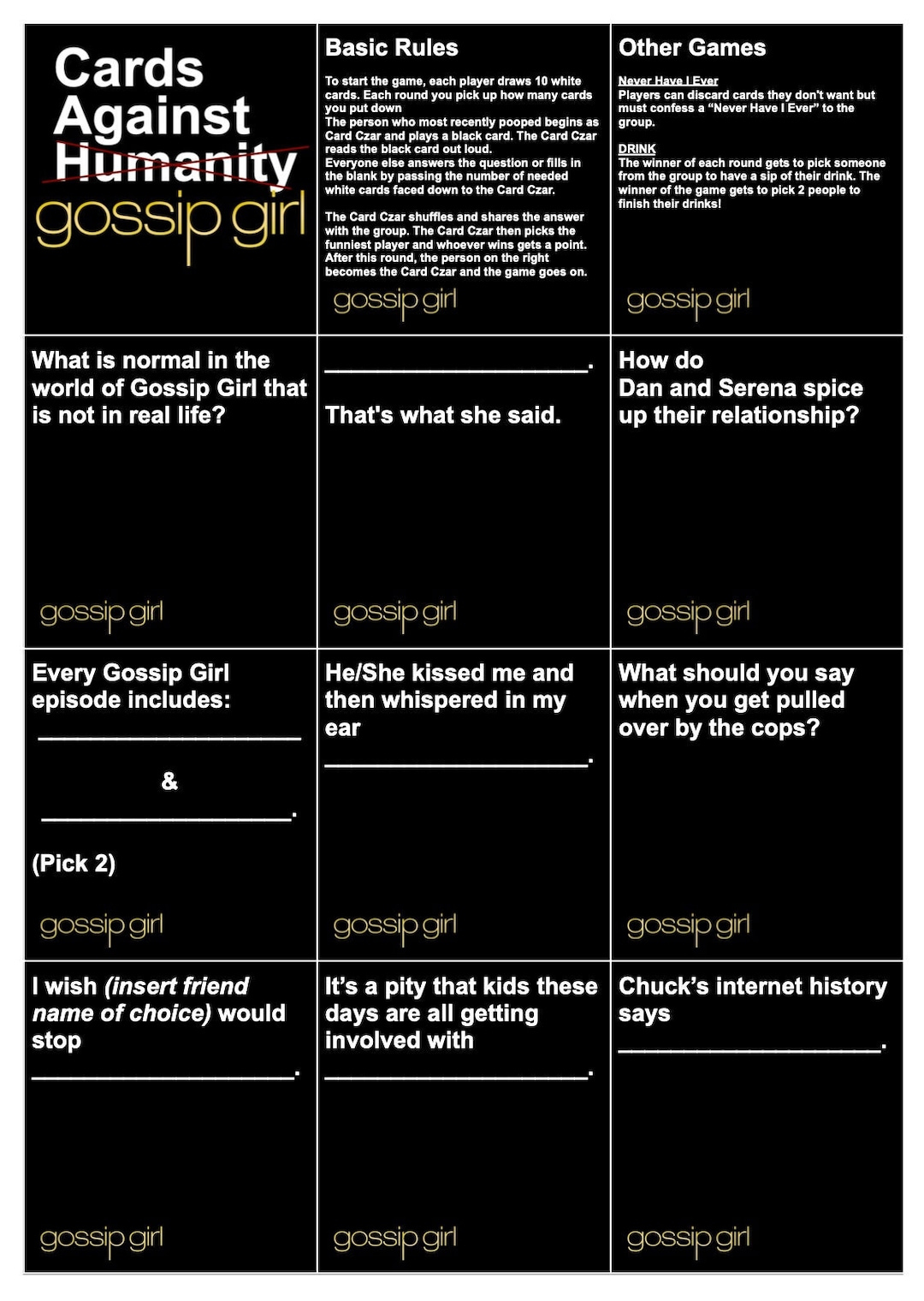 Cards Against Gossip Girl: Printable Party Game (digital Download) - Etsy