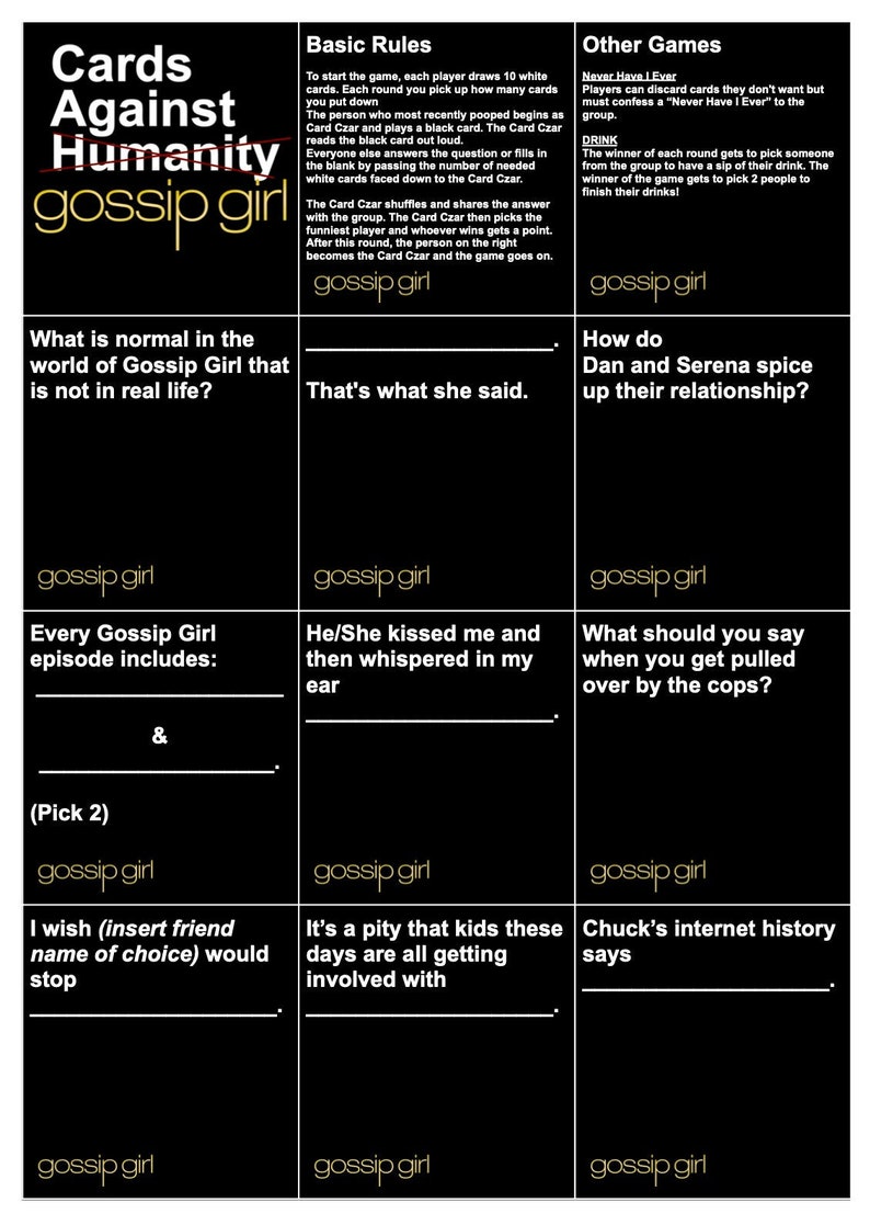 Cards Against Gossip Girl | Cards Against Humanity | Printable Games ...