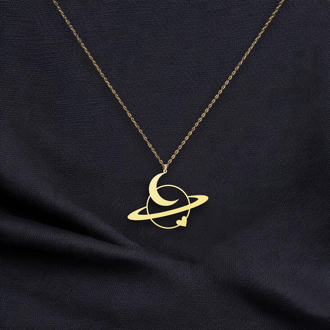 Moon and Saturn Planet Necklace, Gold Saturn Pendant, Crescent Moon ...