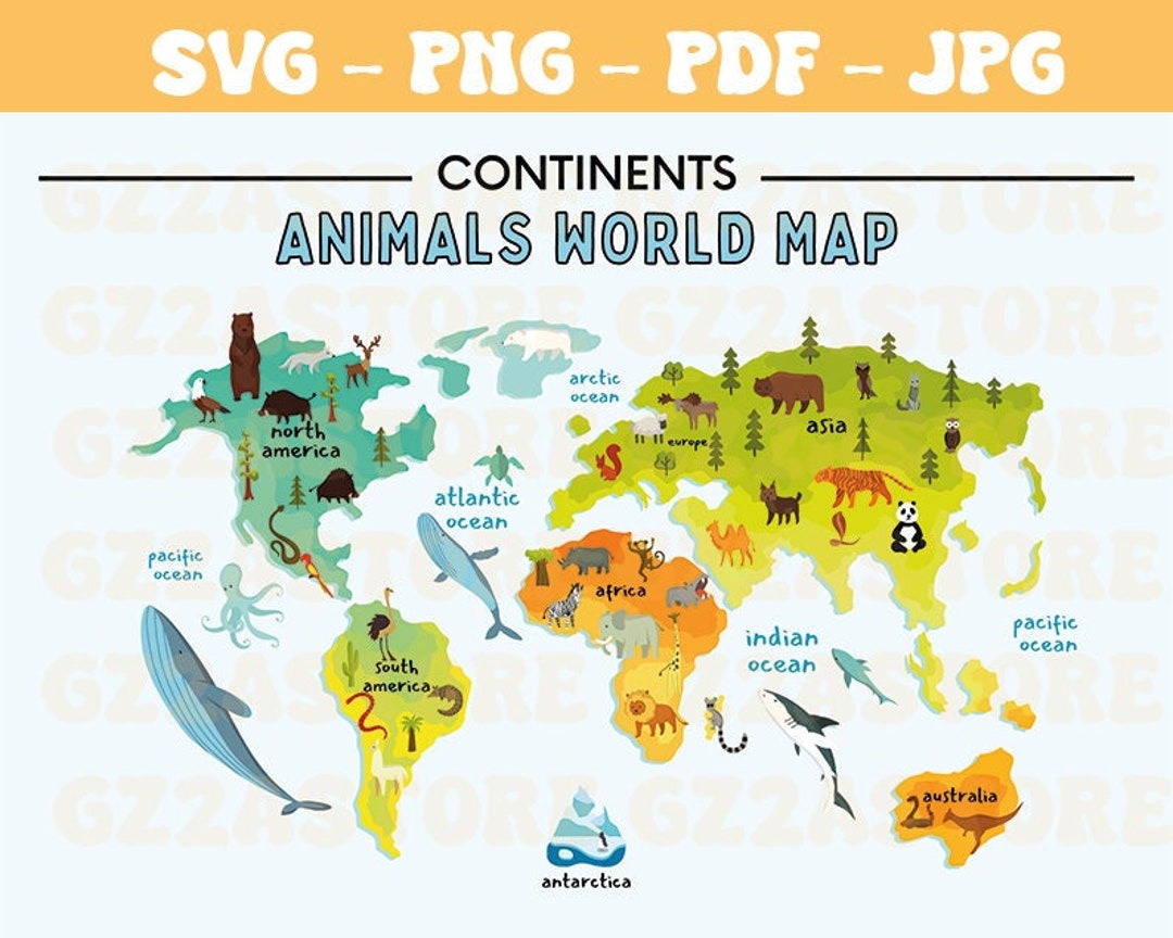Animal World Map Printable Watercolor Map Clipart Nursery - Etsy