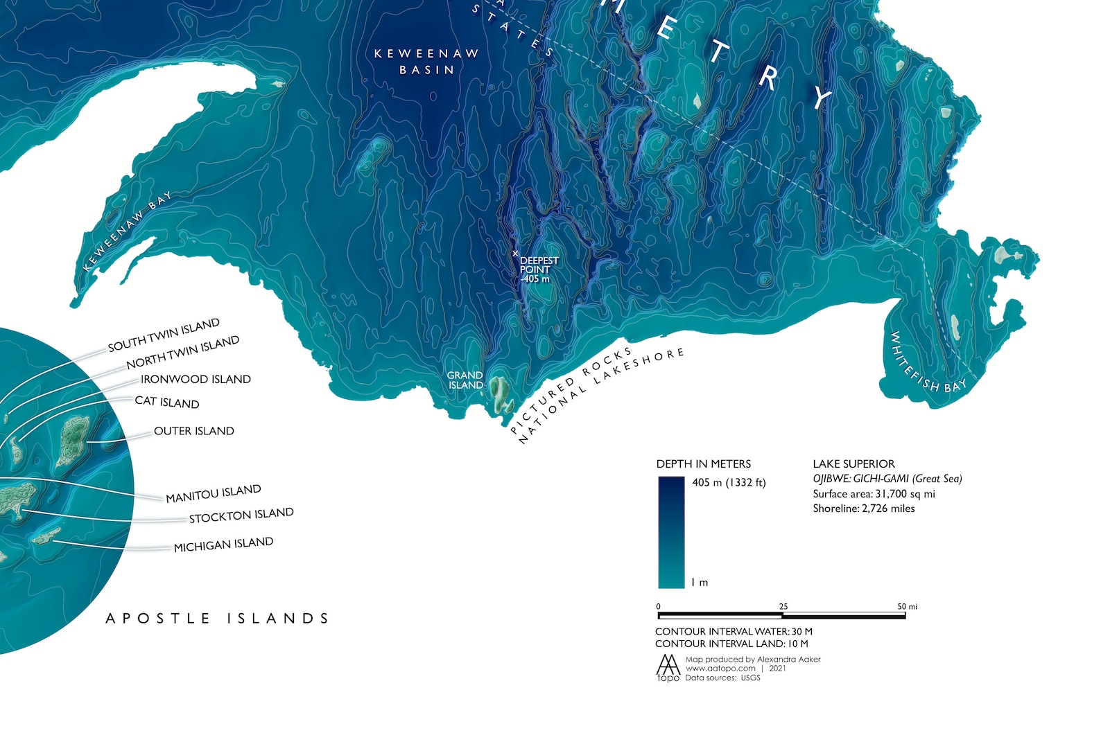 Mapa batimétrico del lago Superior, impresión de arte de los Grandes ...