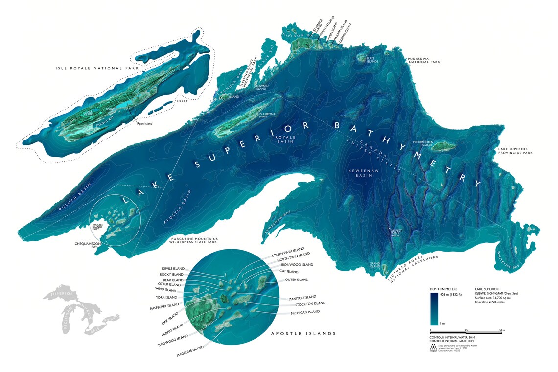 Mapa batimétrico del Lago Superior impresión artística de los - Etsy México