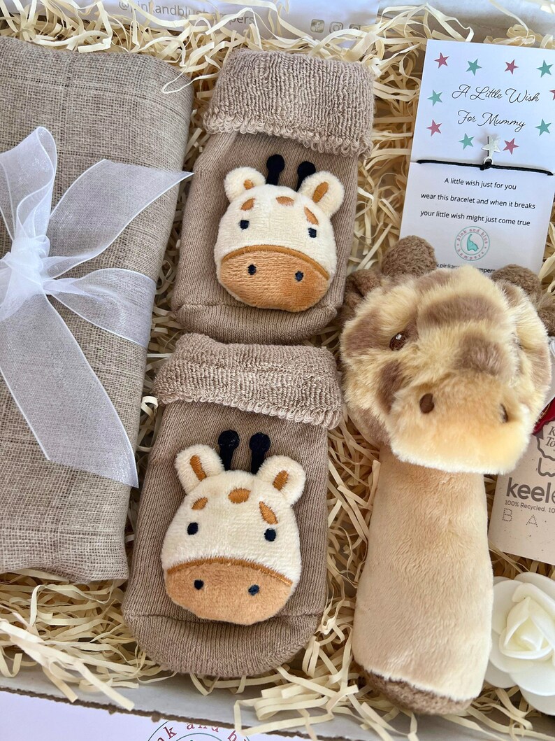Giraffe Baby Gift Hamper, Toy, Socks, Muslin, Wish Bracelet - Etsy UK