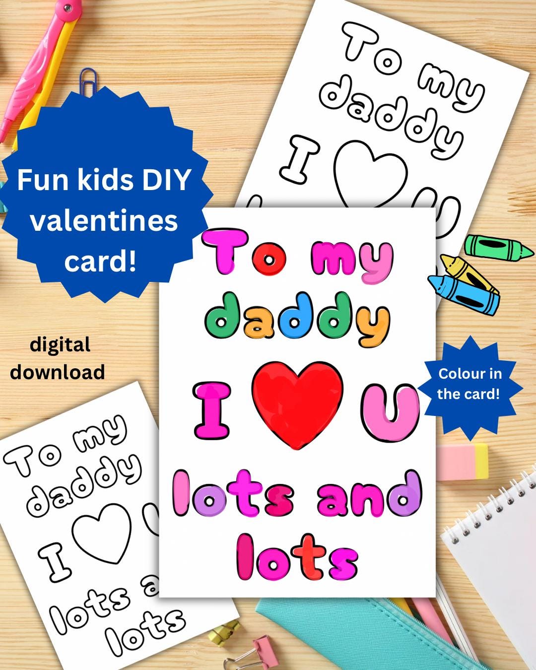 Kids Valentines Colouring Activity, Valentines Day Card for Daddy, Kids ...
