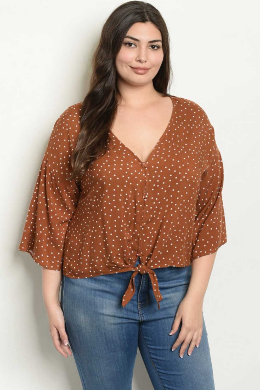 Brown Polka Dot Plus Size Top,short Sleeve, Plus Size Blouse, Plus Size ...