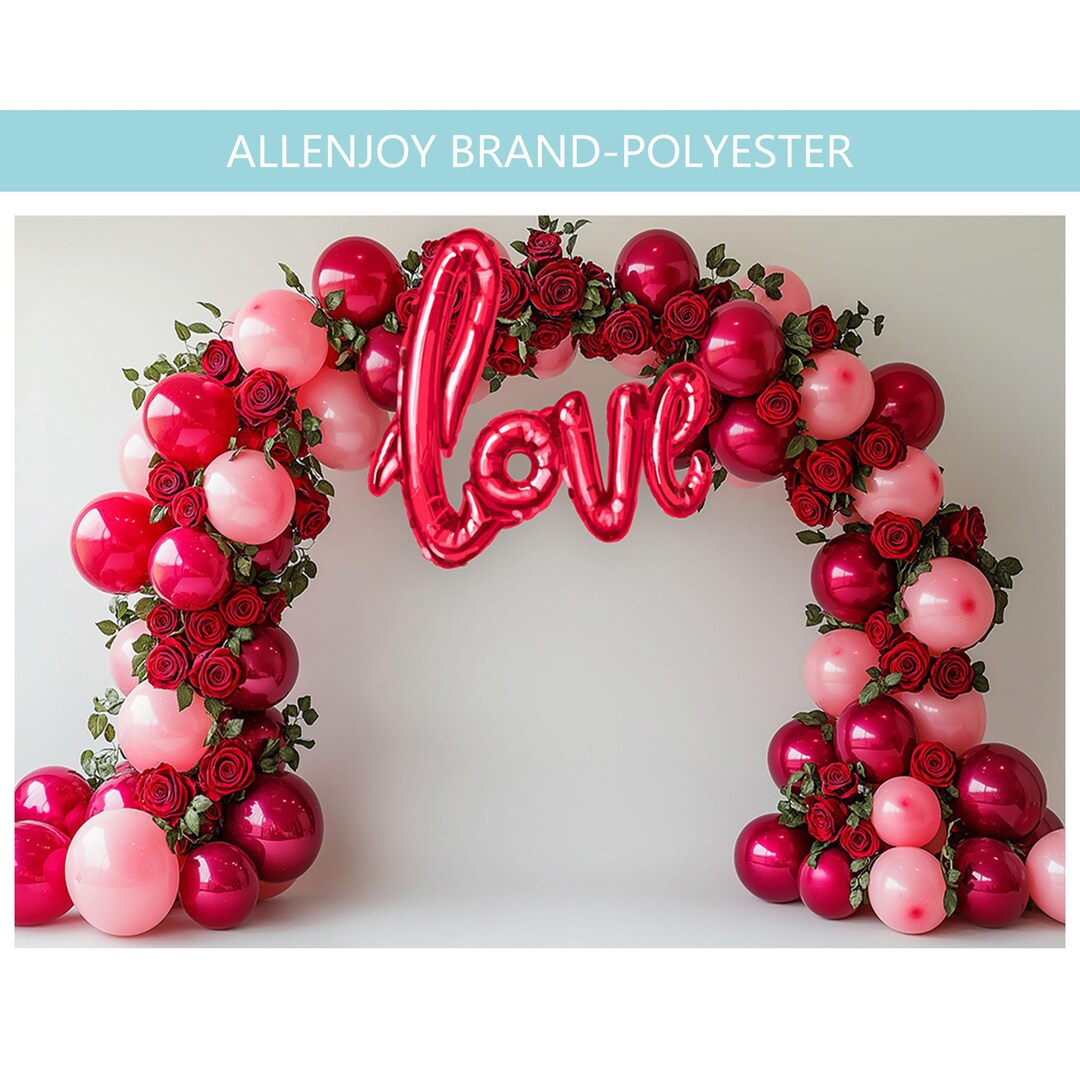 Valentine Love Balloon Arch With Roses Photography Backdrop, Red Heart ...