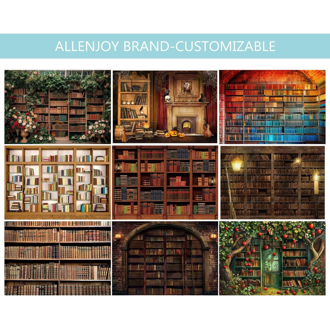 Vintage Bookshelf Photography Backdrop, Wooden Library Bookshelf Photo ...