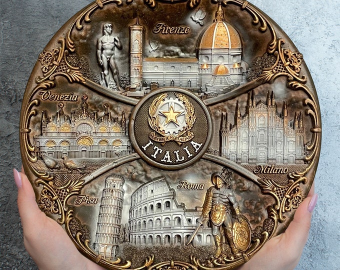 Antique-styled Italian Landmarks Plate 20cm - Monochrome Relief Ceramic ...