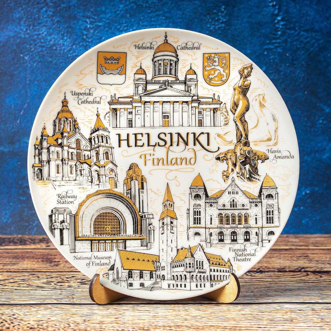 Helsinki Porcelain Plate: Gold Style Souvenir Decor (20cm) - Etsy