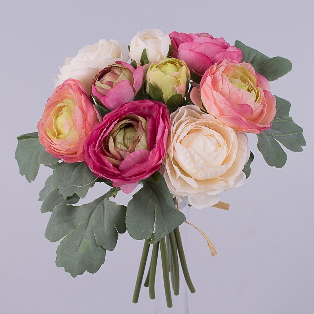 Ranunculus Bouquet 9 Stems, Pink Open Ranunculus, Silk Bridal Bouquet ...