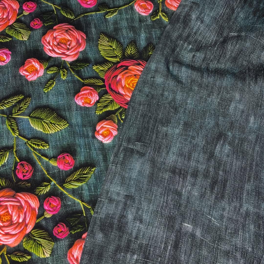 Luxury Faux Embroidery Roses on Deep Indigo Denim - 3D Effect Print - Etsy
