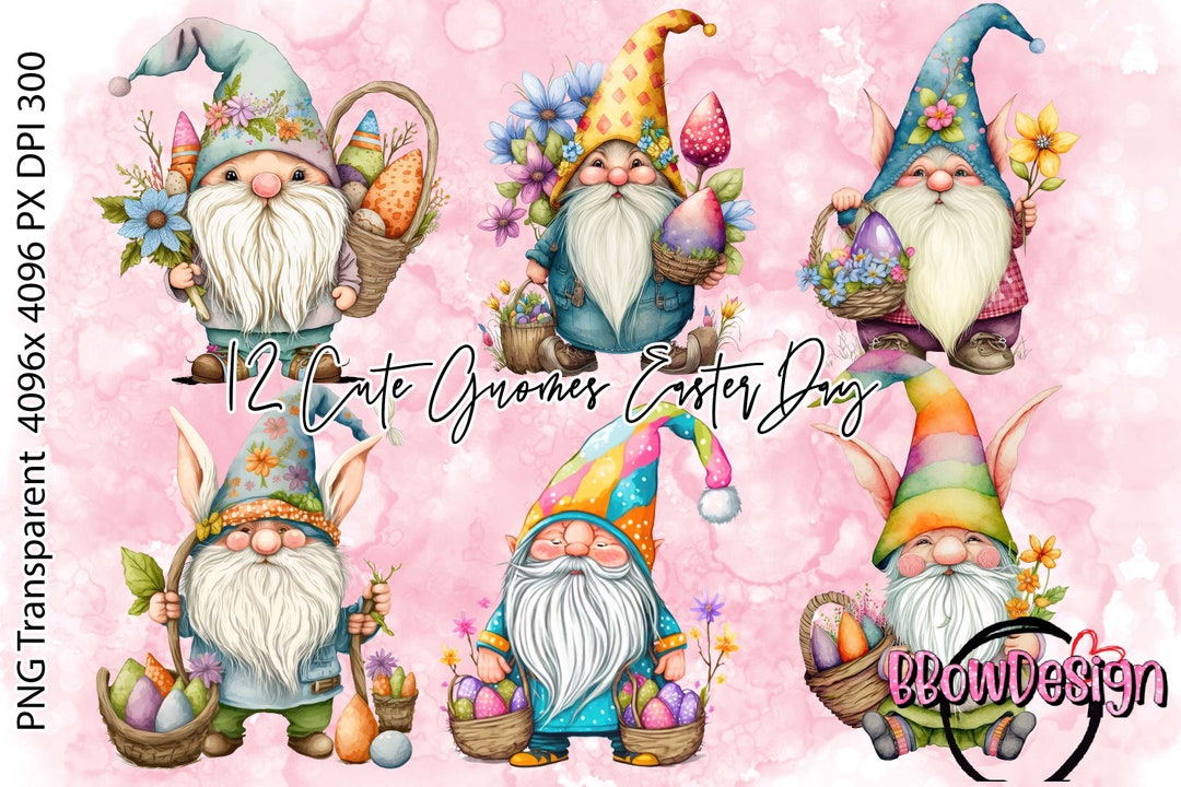12 Cute Gnomes Easter Day Flowers Watercolor Clipart - Etsy