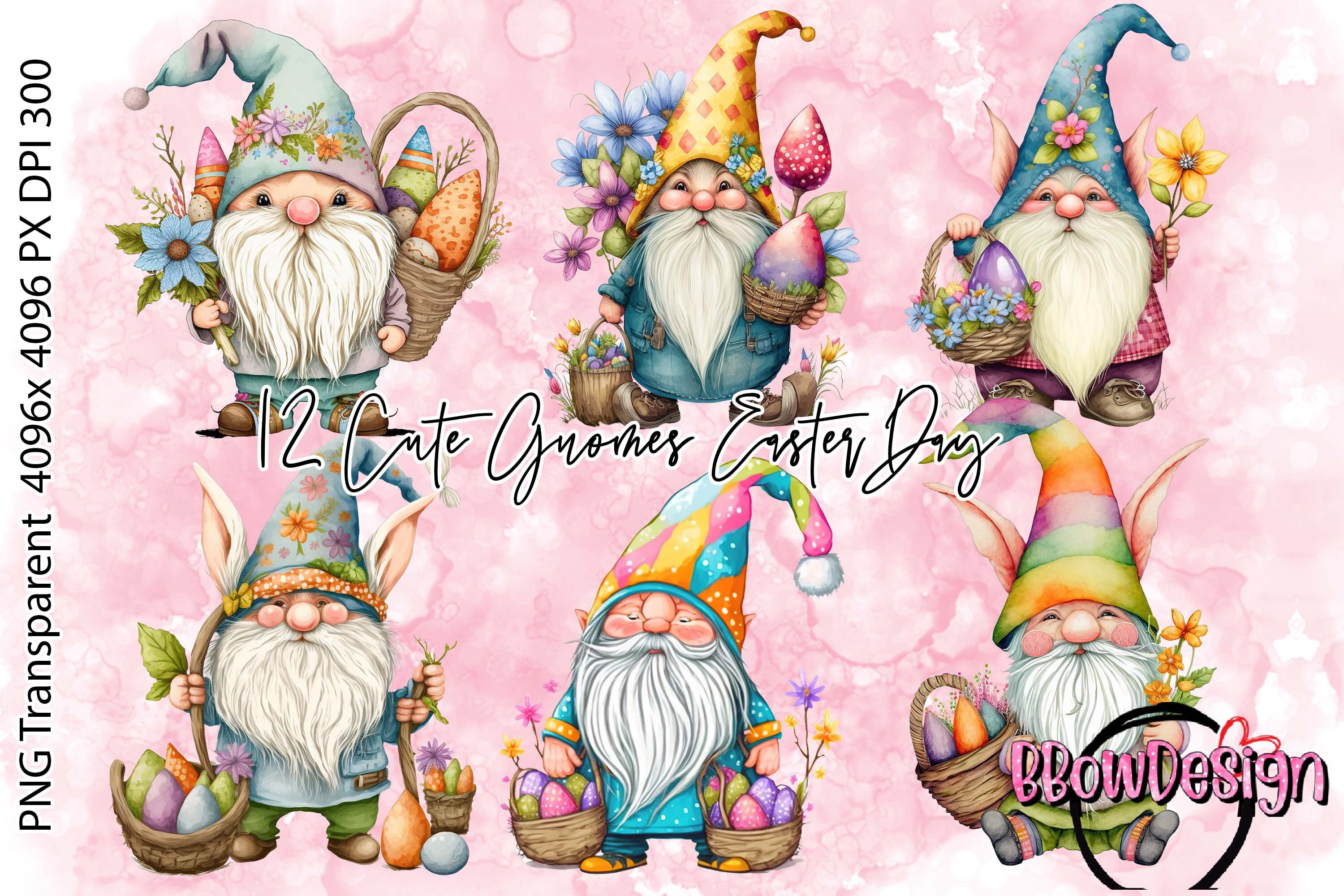 12 Cute Gnomes Easter Day Flowers Watercolor Clipart - Etsy