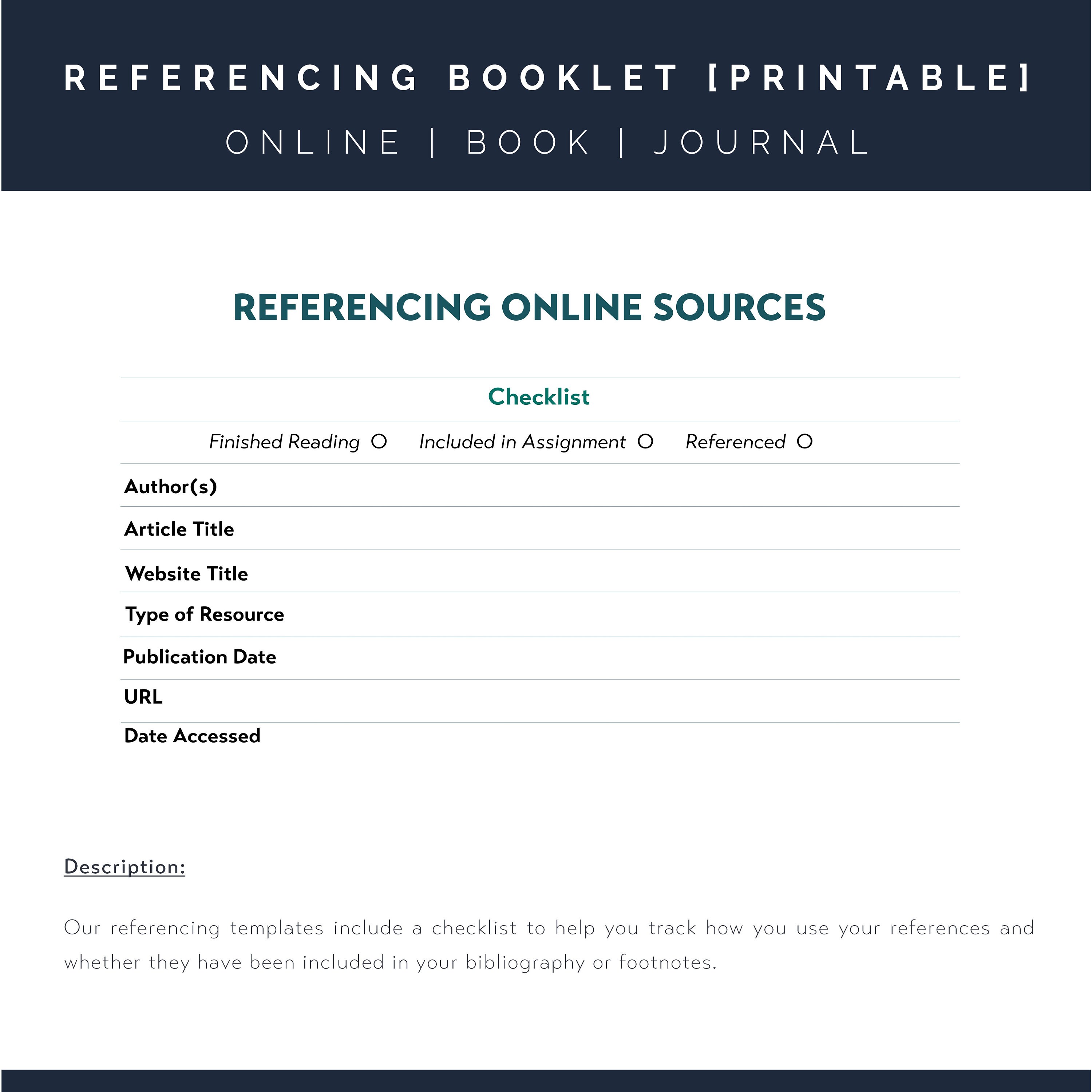 REFERENCING BOOKLET PRINTABLE A4 - Online/book/journal - Etsy
