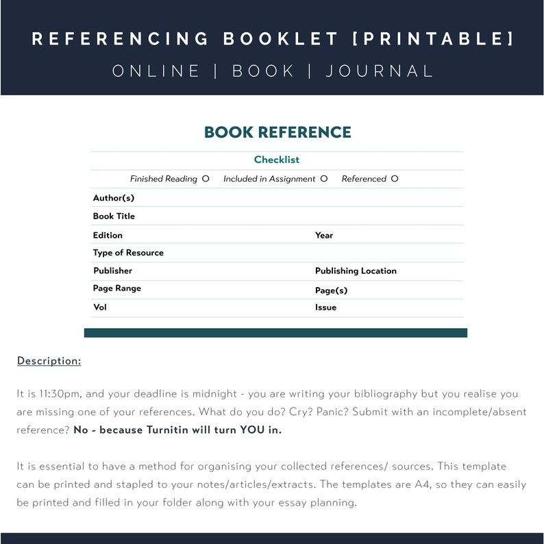 REFERENCING BOOKLET PRINTABLE A4 - Online/book/journal - Etsy