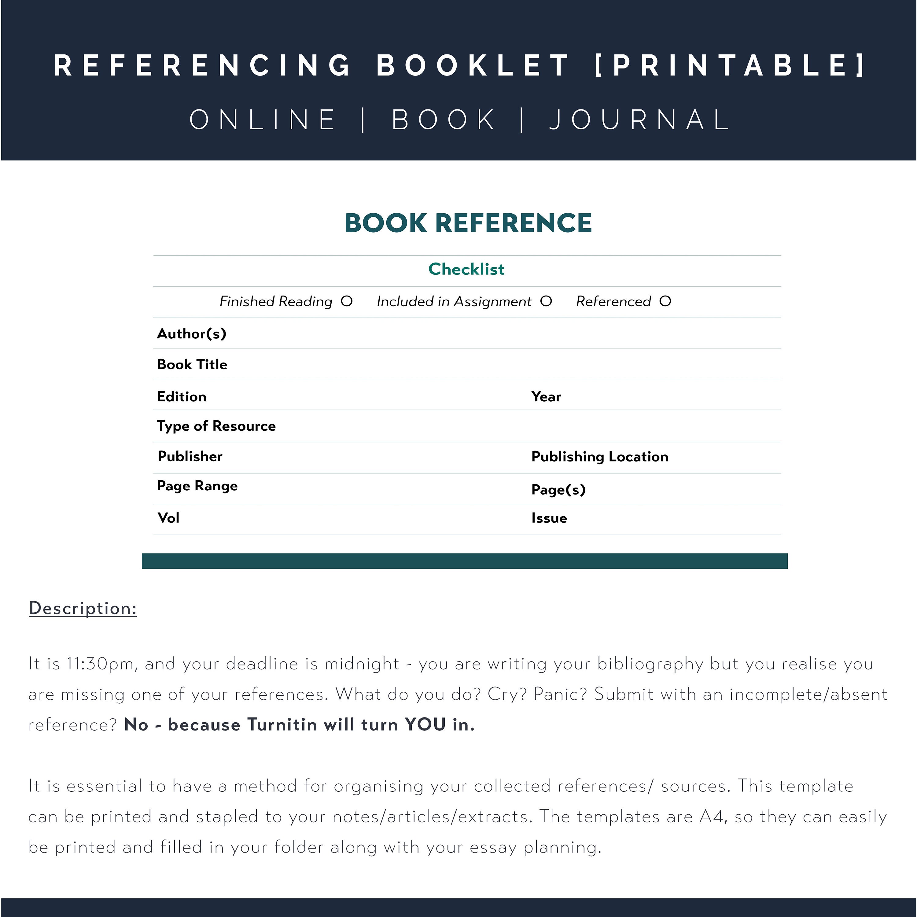 REFERENCING BOOKLET PRINTABLE A4 - Online/book/journal - Etsy