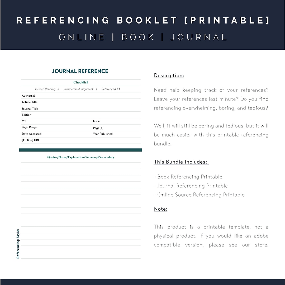 REFERENCING BOOKLET PRINTABLE A4 - Online/book/journal - Etsy