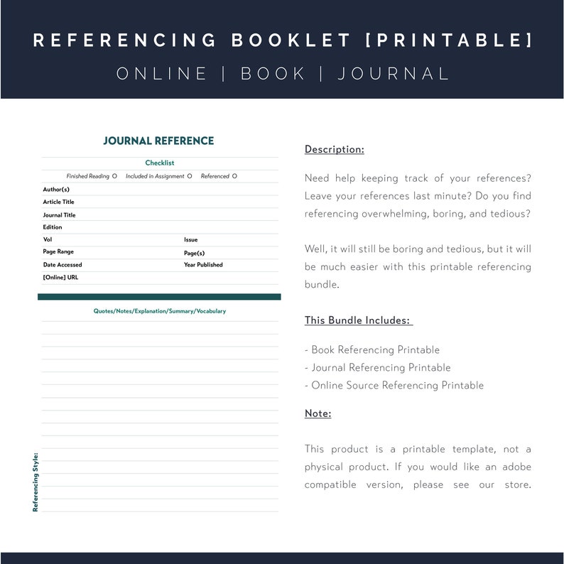 REFERENCING BOOKLET PRINTABLE A4 Online/book/journal - Etsy