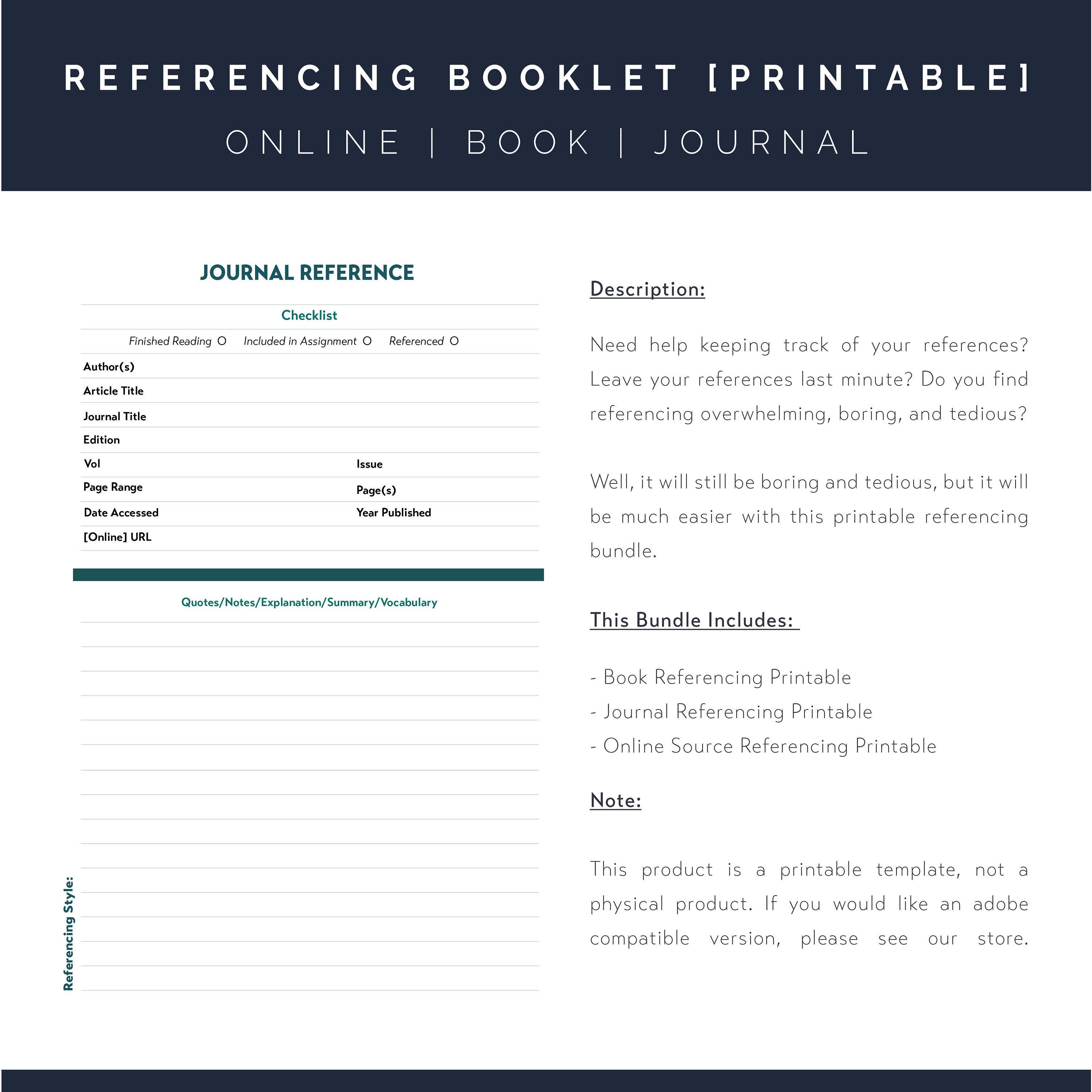 REFERENCING BOOKLET PRINTABLE A4 - Online/book/journal - Etsy