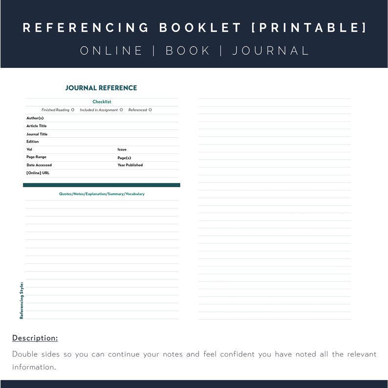 REFERENCING BOOKLET PRINTABLE A4 - Online/book/journal - Etsy