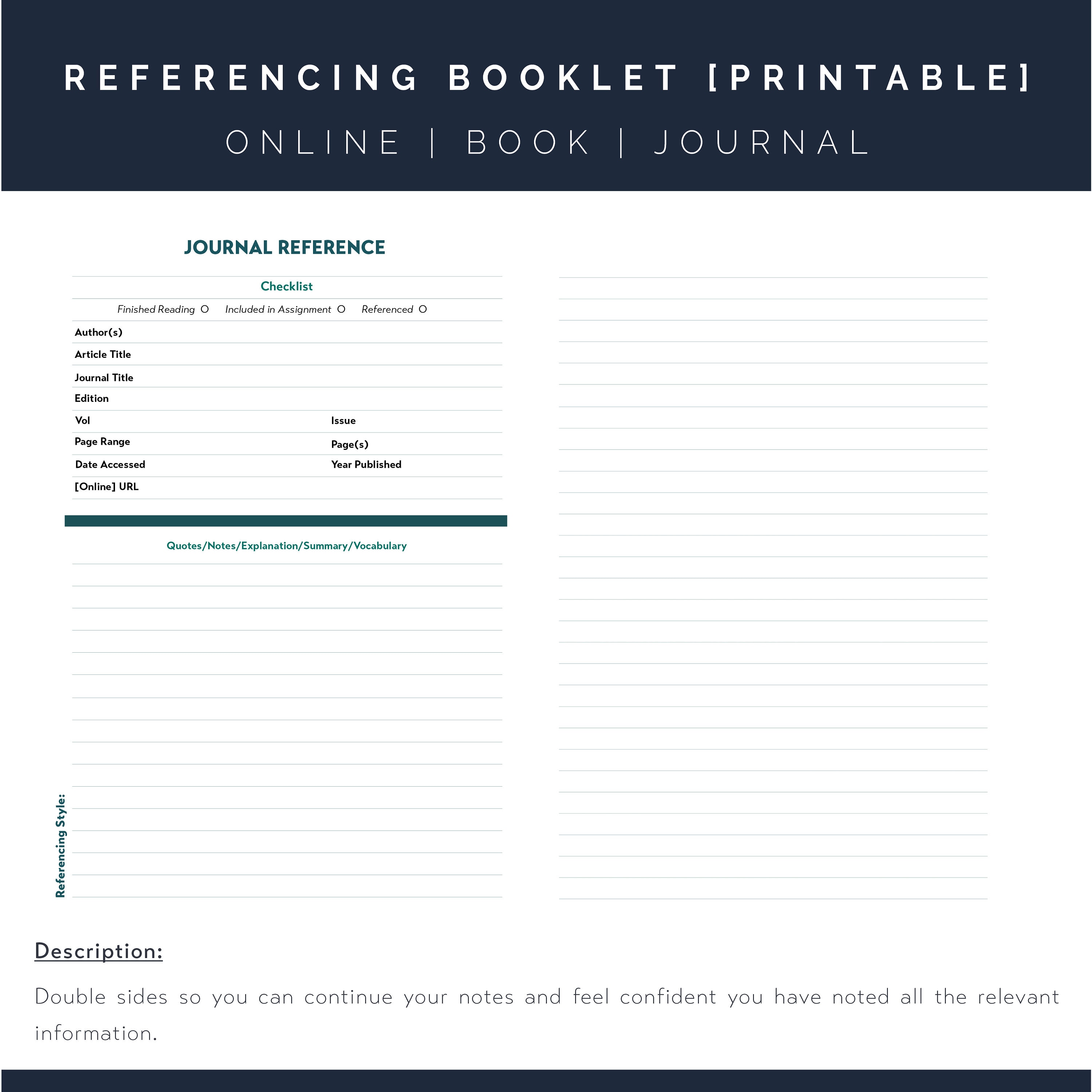 REFERENCING BOOKLET PRINTABLE A4 - Online/book/journal - Etsy