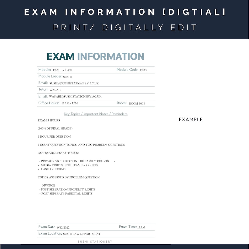 EXAM INFORMATION A4 - Printable / Digital Editing - Etsy