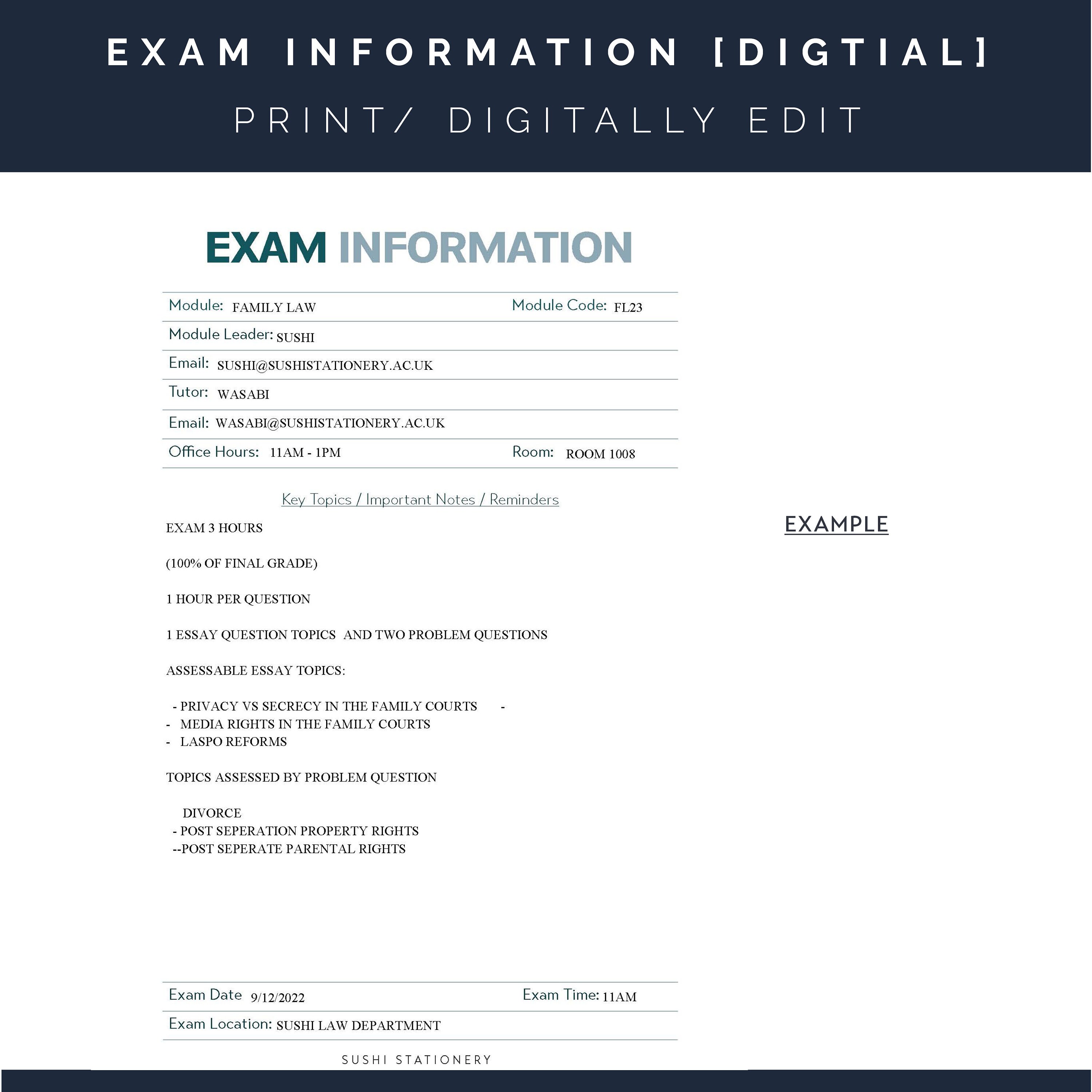 EXAM INFORMATION A4 - Printable / Digital Editing - Etsy