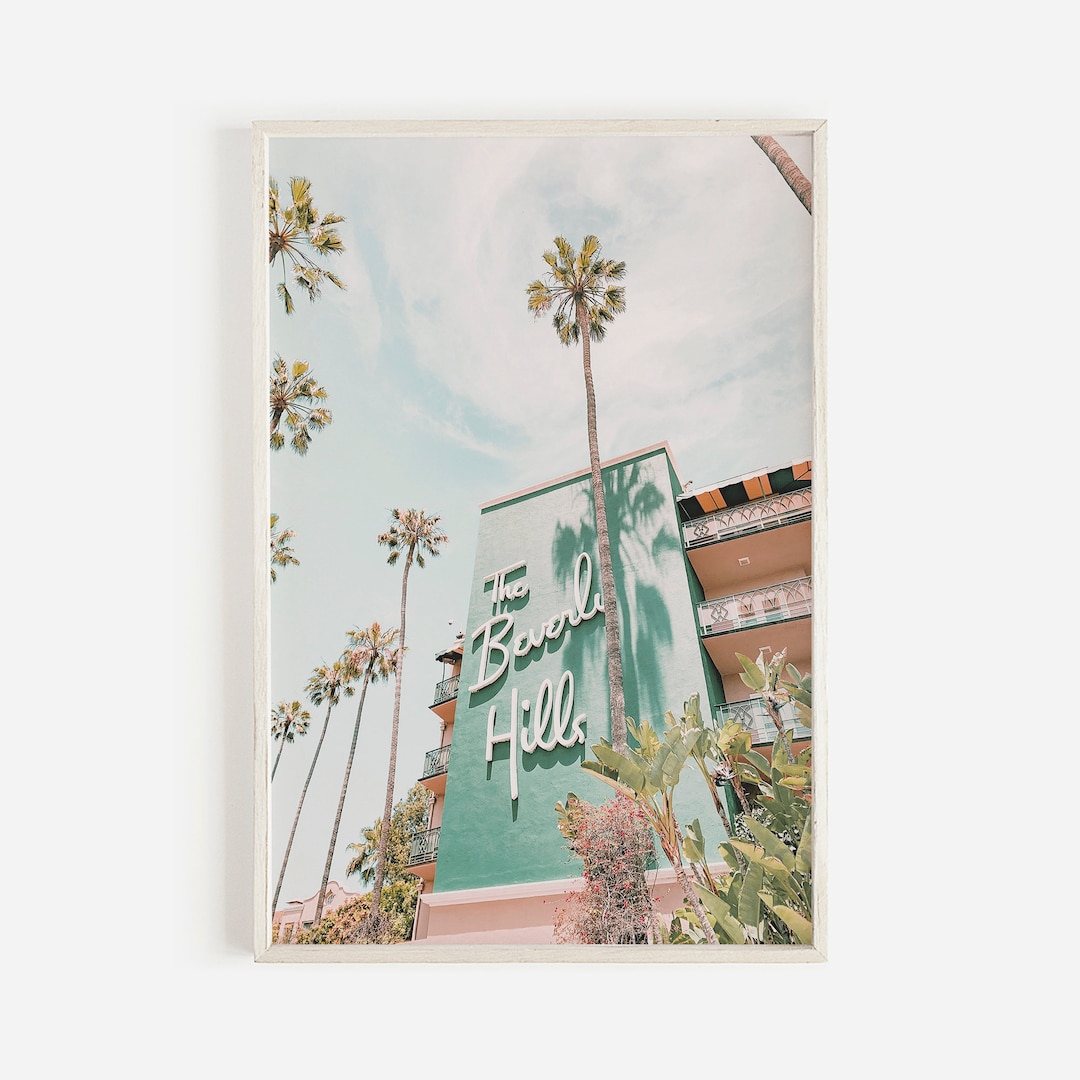 Beverly Hills Hotel Sign, Iconic California Hotel, Pink and Blue Mid ...