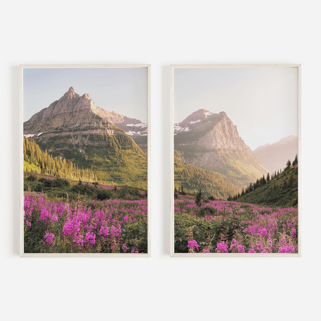 Mountain Wildflowers Print Set of 2, Flower Print Set, Pink Mountain ...