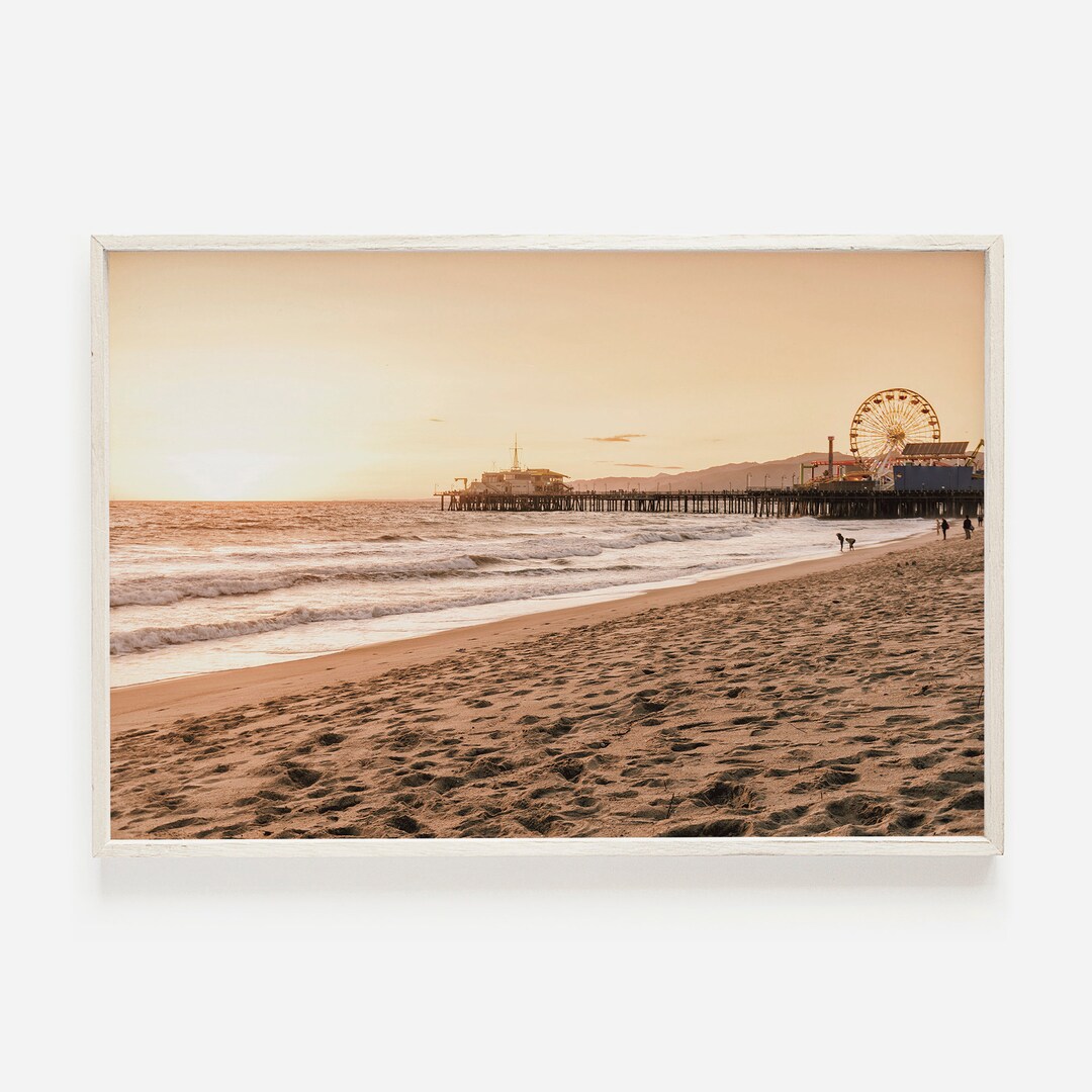 California Sunset Scenery, Yellow Beach Poster, Santa Monica Pier Wall ...