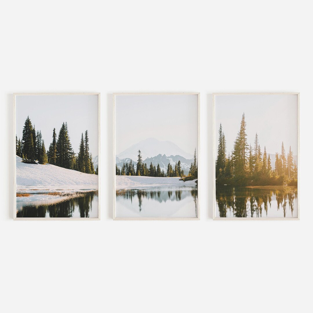Winter Mountain Print Set of 3, Triptych Lake Posters, Sunset Over ...