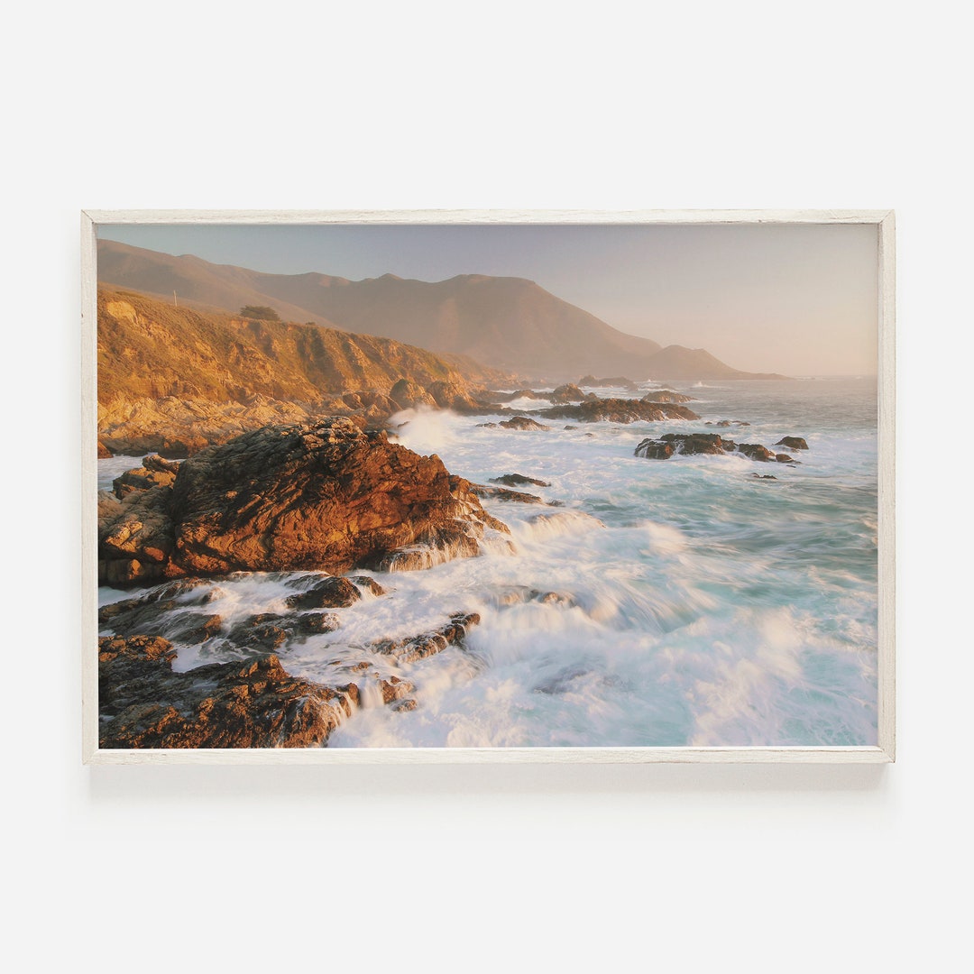 Warm Ocean Sunset, California Nature View, Crashing Waves on Rocky ...