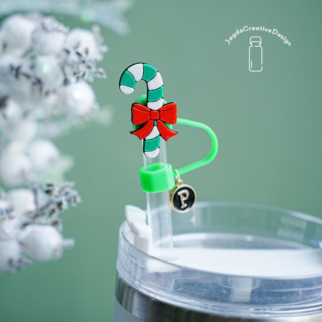 Candy Cane Straw Topper With Letters,candy Cane With Bow Knot Straw Cap ...