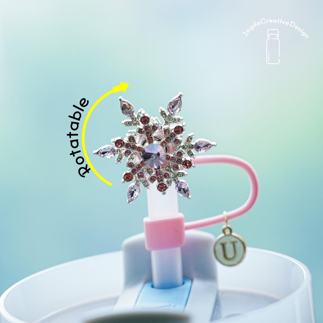 Pink Rotatable Snowflake Straw Cap,sparkling Snowflake Straw Toppers ...