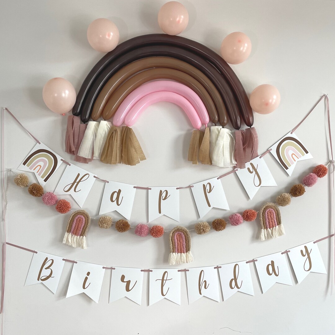 Boho Rainbow Happy Birthday Banner, Rainbow Balloon Kit, Happy Birthday ...