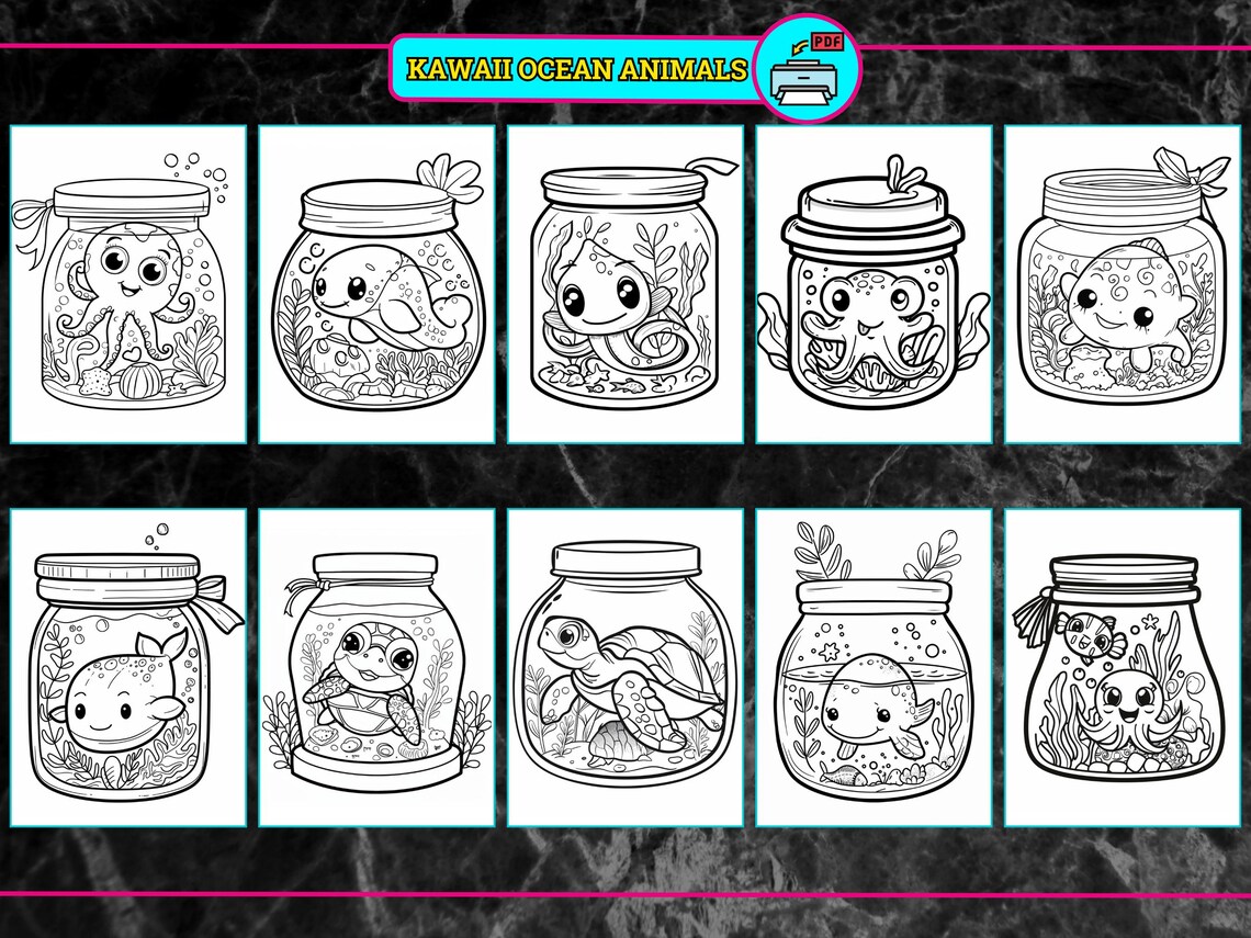 Ocean Animals in Jars Coloring Pages | Cute Kawaii Sea Creatures ...