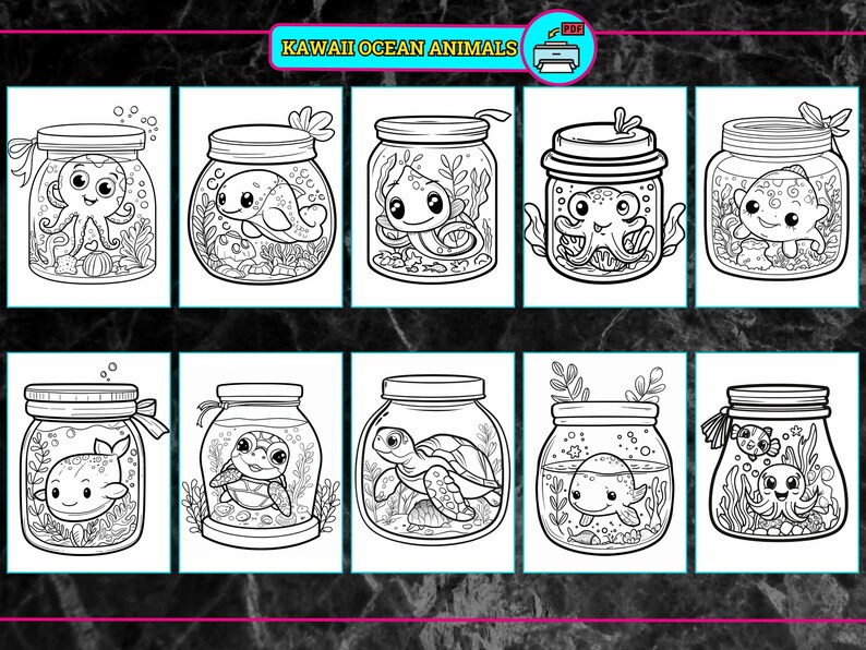 Ocean Animals in Jars Coloring Pages | Cute Kawaii Sea Creatures ...