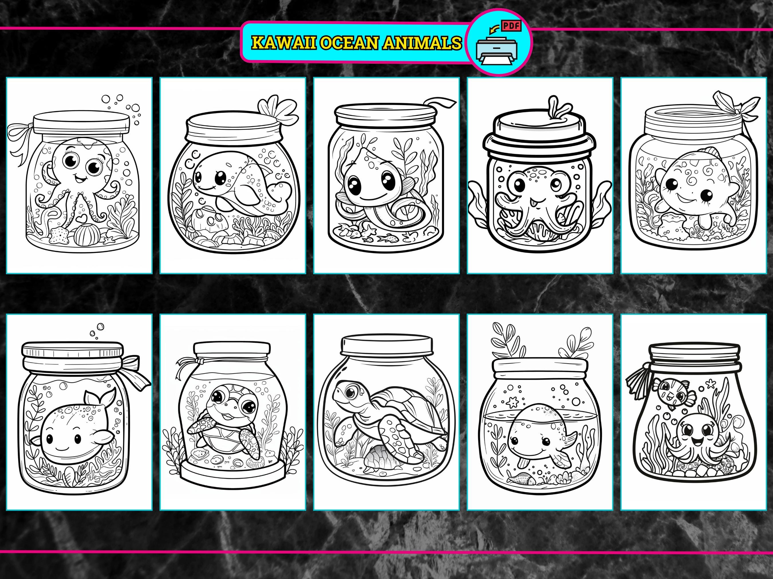 Ocean Animals in Jars Coloring Pages | Cute Kawaii Sea Creatures ...
