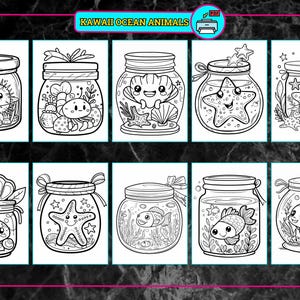 Ocean Animals in Jars Coloring Pages | Cute Kawaii Sea Creatures ...