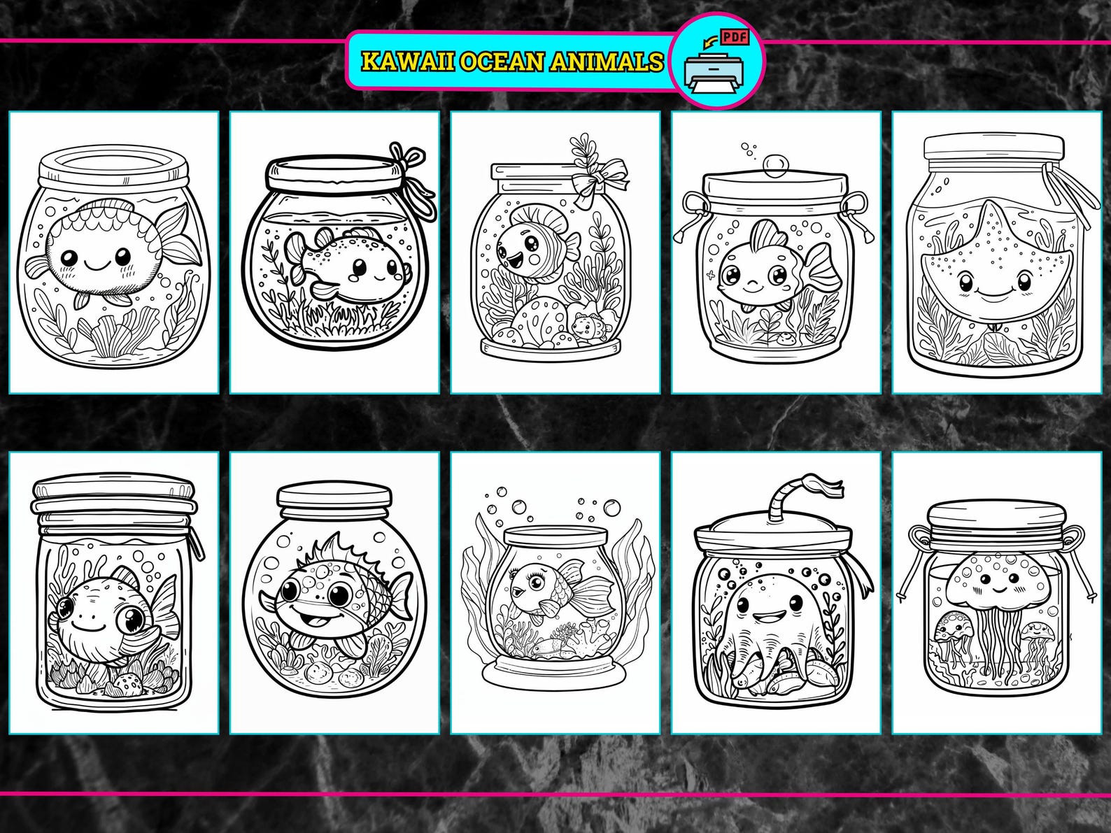Ocean Animals in Jars Coloring Pages | Cute Kawaii Sea Creatures ...