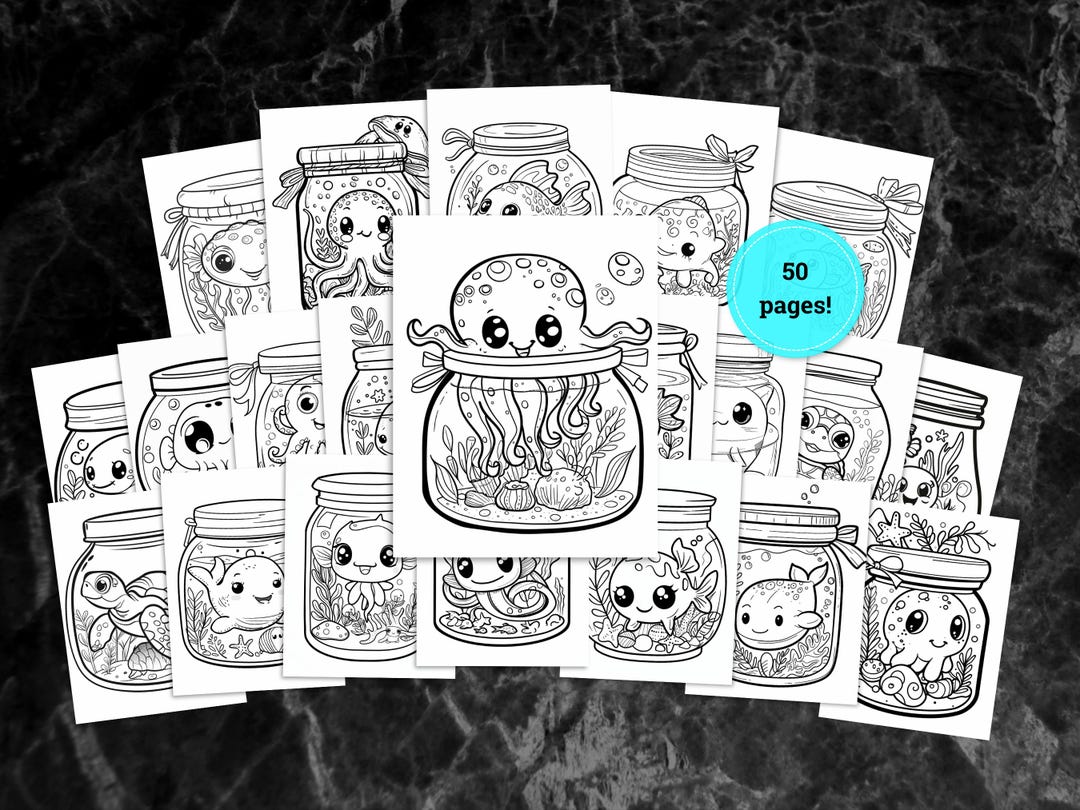 Ocean Animals in Jars Coloring Pages | Cute Kawaii Sea Creatures ...
